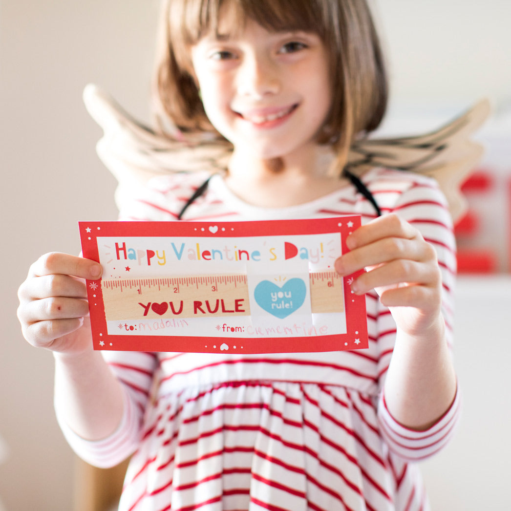 YOU RULE Valentine Cards with Wooden Rulers: Set of 12
